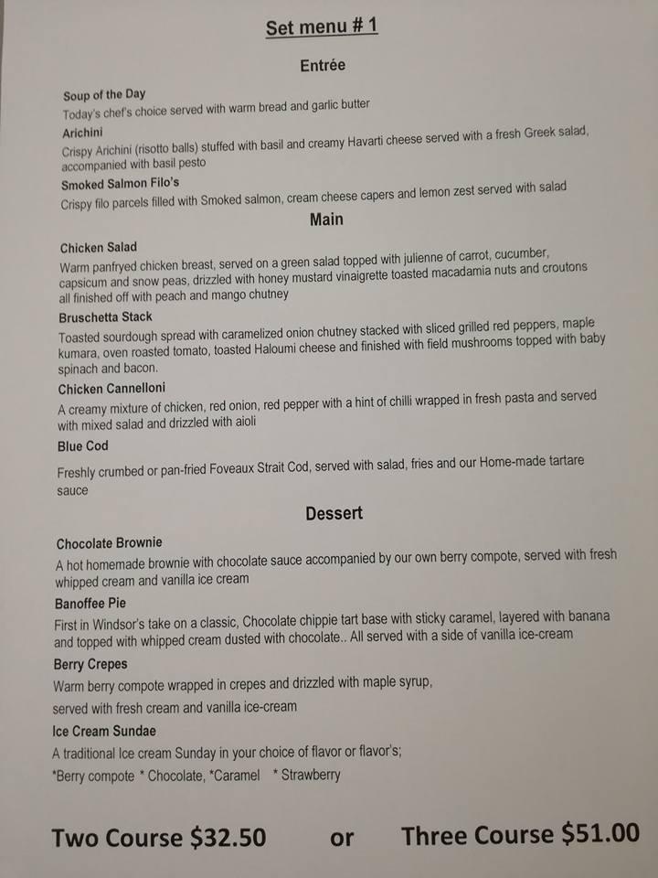 Menu at First In Windsor cafe, Invercargill