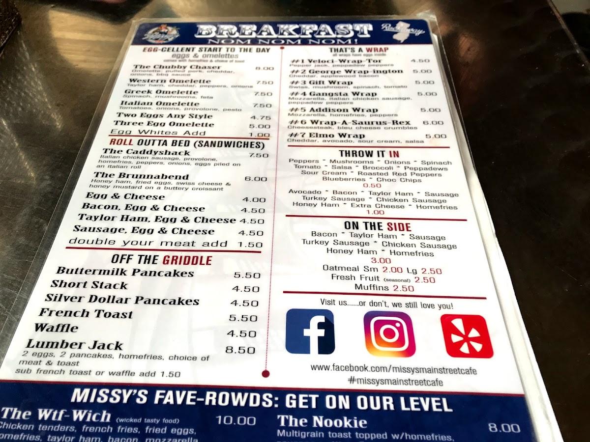 Menu at Missy's Main Street Cafe, Rockaway