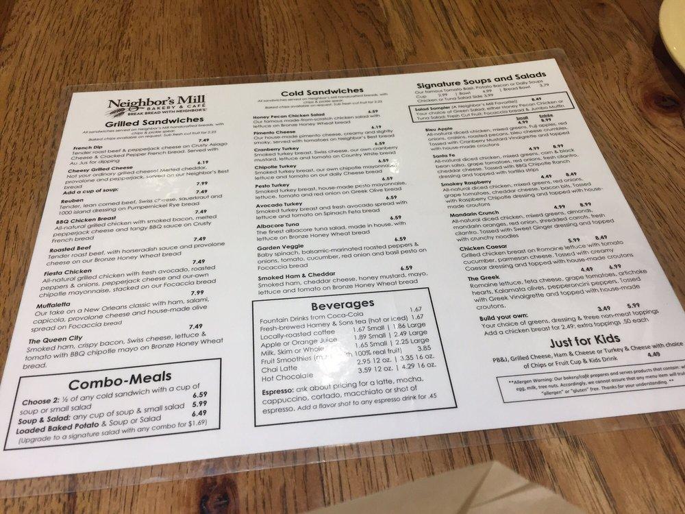 Menu at Neighbor's Mill Bakery & Café, Springfield, E Independence St #110