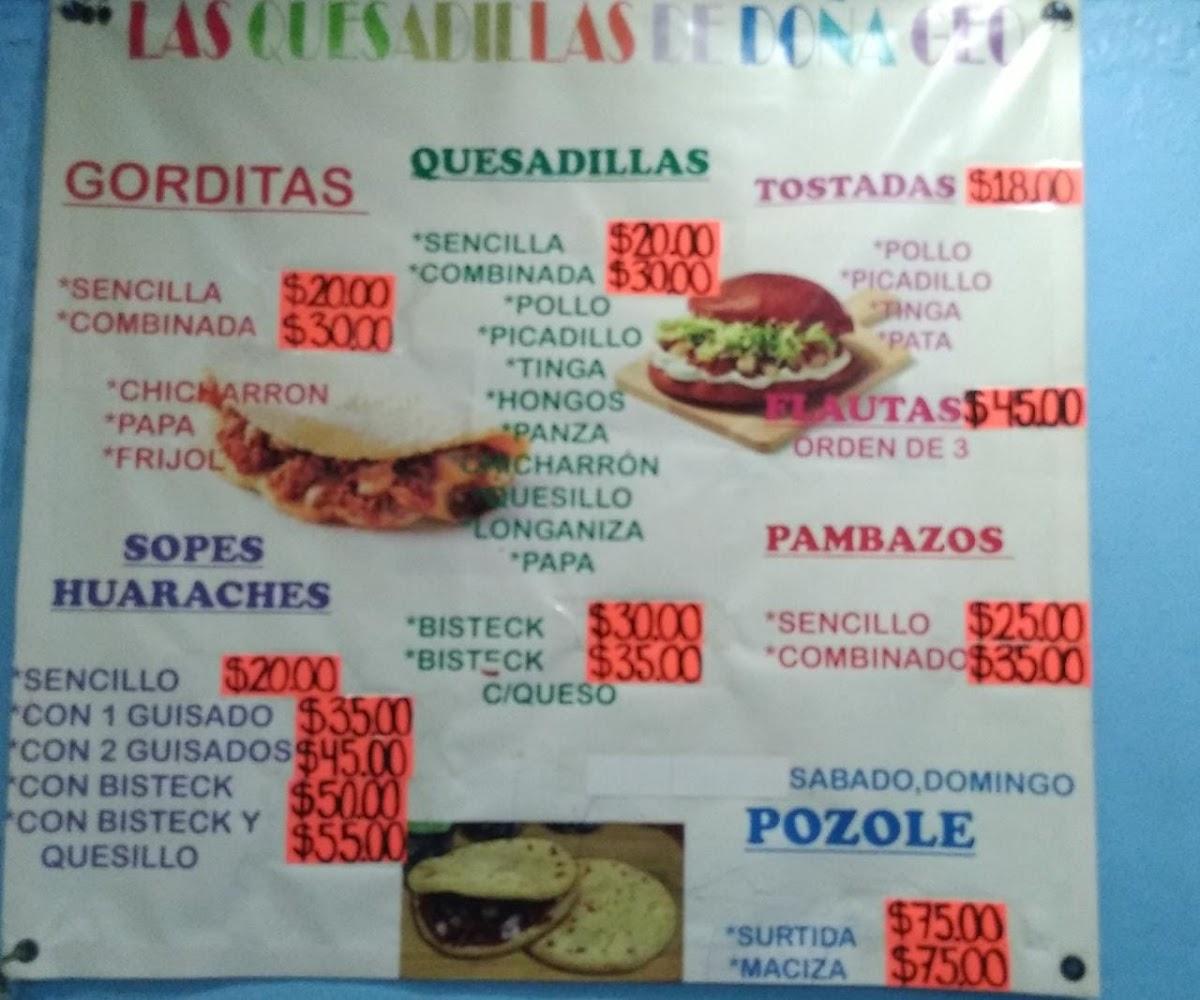 Menu at Quesadillas Doña Geo restaurant, Mexico