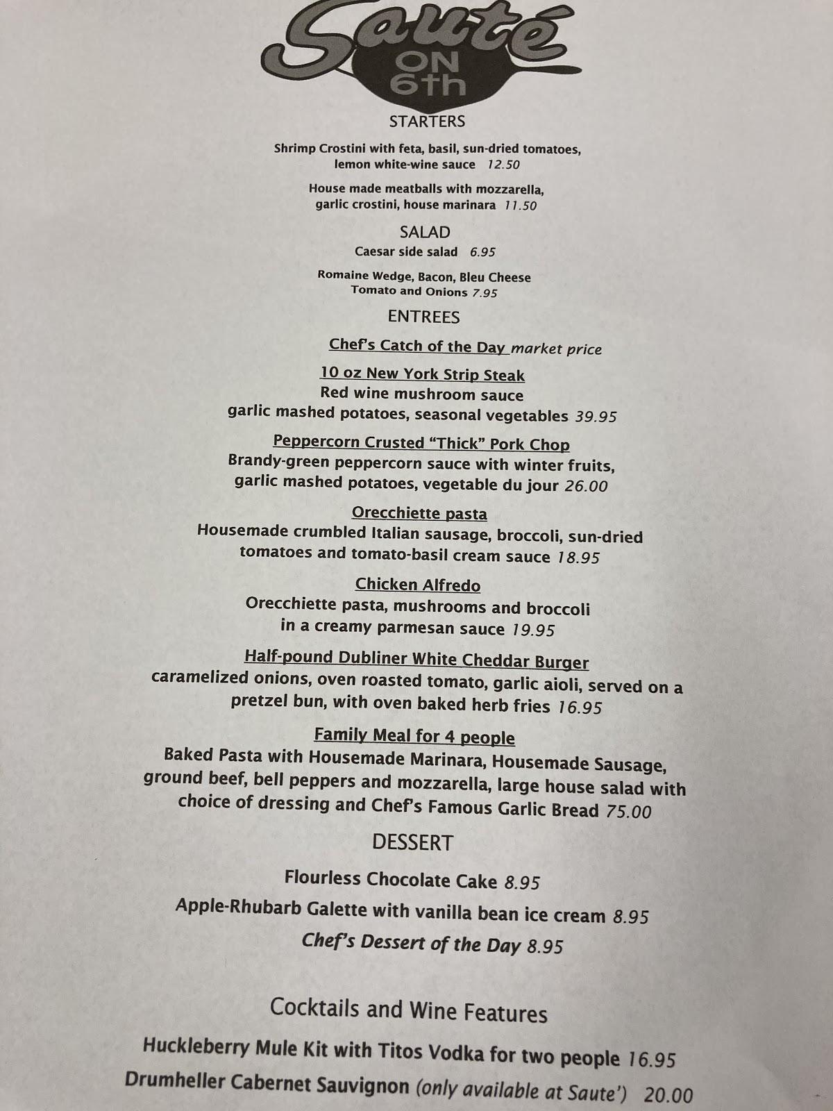 Menu at Saute' on 6th pub & bar, Clarkston