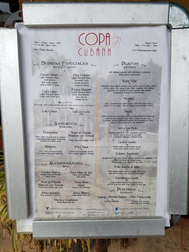 Menu at The Copa Cubana restaurant, Ventura