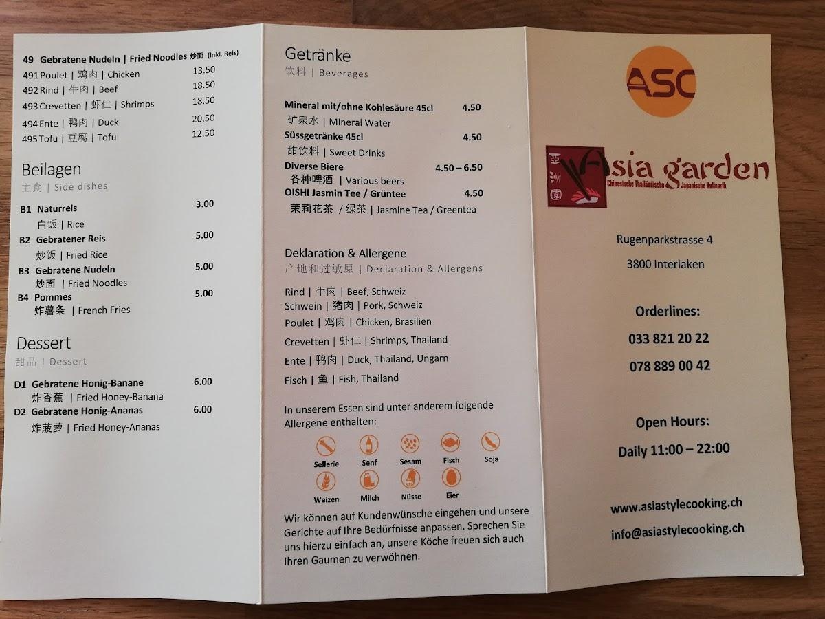 Menu au Restaurant Asia Garden, Interlaken