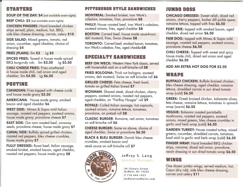 Menu at Buffalo Iron Works pub & bar, Buffalo