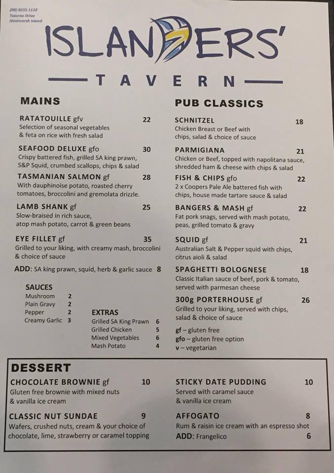 Menu at Islanders' Tavern restaurant, Hindmarsh Island