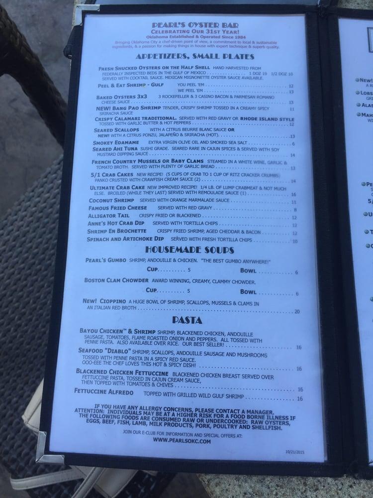 Menu at Pearl's Oyster Bar, Oklahoma City, N Classen Blvd