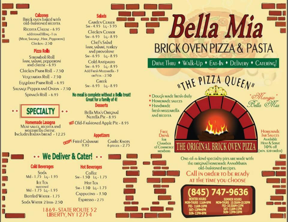Menu at Bella Mia Brick Oven pizzeria, Liberty
