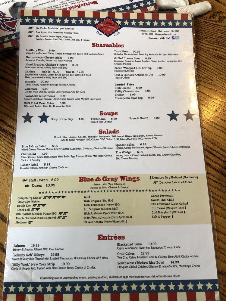 Menu at Blue & Gray Bar & Grill, Gettysburg