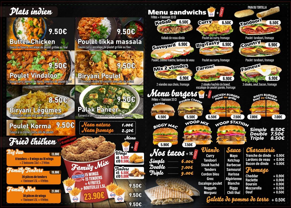 Menu au Snack Time restaurant, Arras