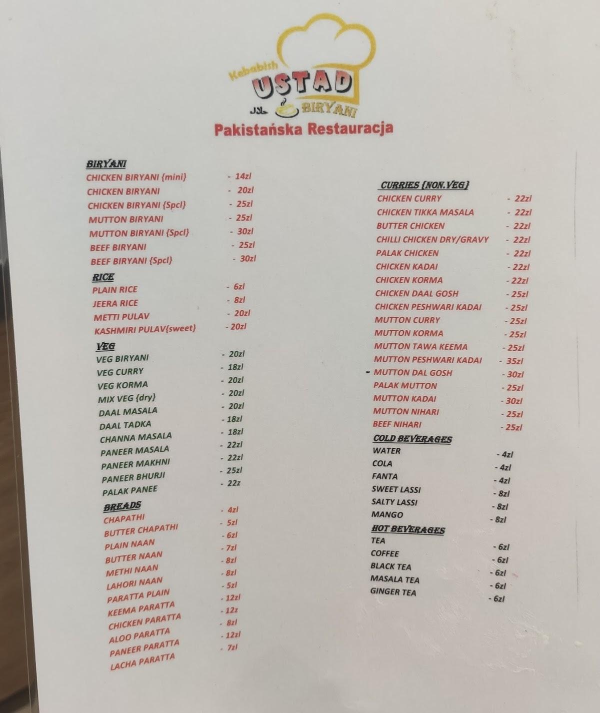 Menu at Kebabish Ustad Biryani restaurant, Poland