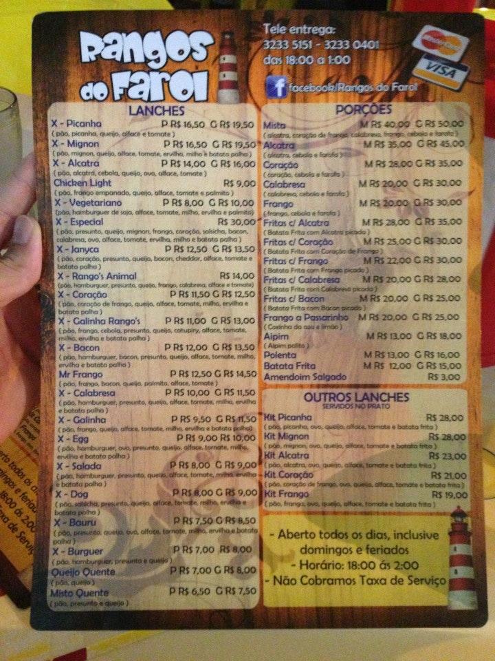 Menu at Rangos Do Farol fast food, Florianópolis, Av. Me. Benvenuta