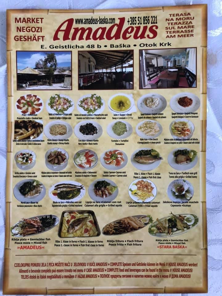 Menu at Restoran Amadeus restaurant, Baška