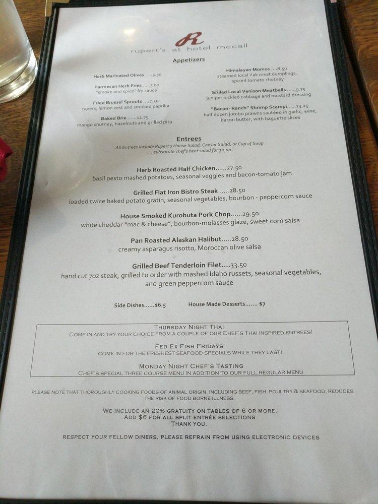 Menu at Rupert's Restaurant, McCall