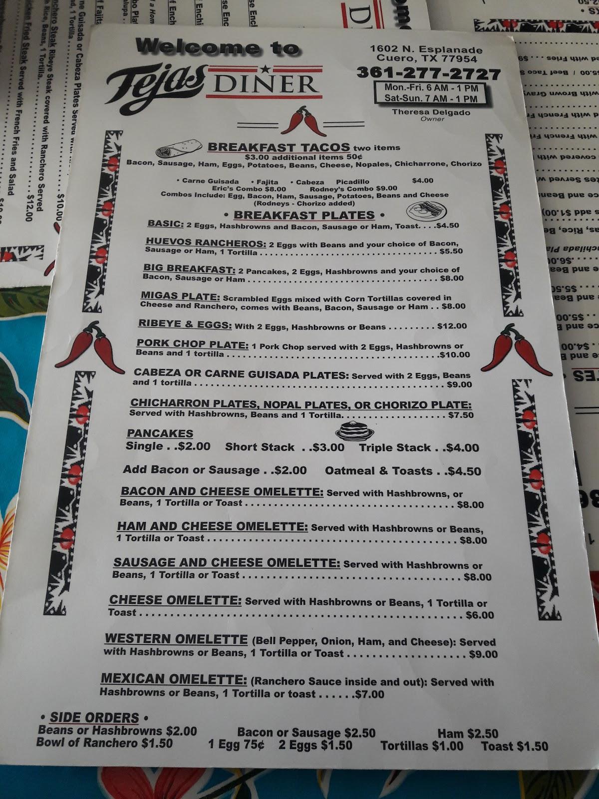 Menu at Tejas Diner restaurant, Cuero