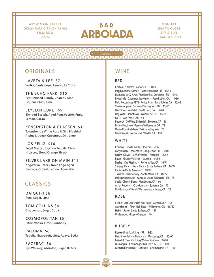 Menu at Bar Arbolada, Oklahoma City