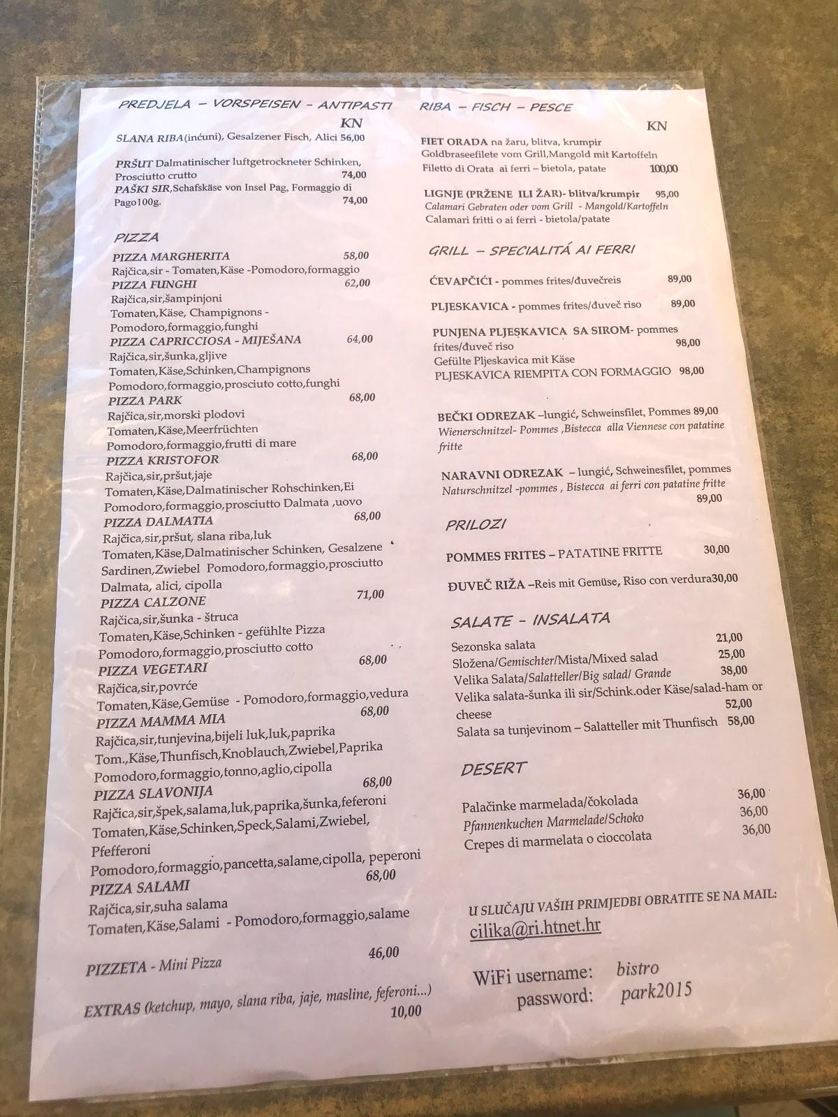 Menu au Bistro Park pizzeria, Rab