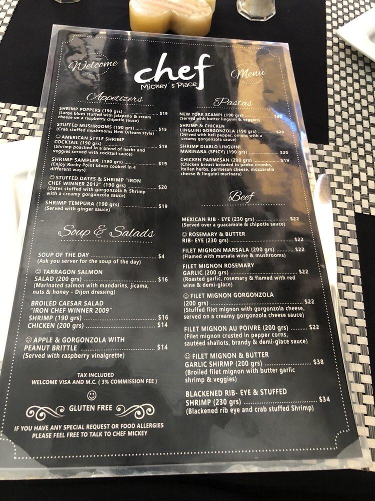 Menu at Chef Mickey's Place restaurant, Puerto Peñasco