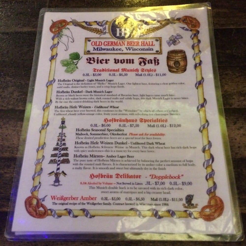 Menu at Old German Beer Hall pub & bar, Milwaukee