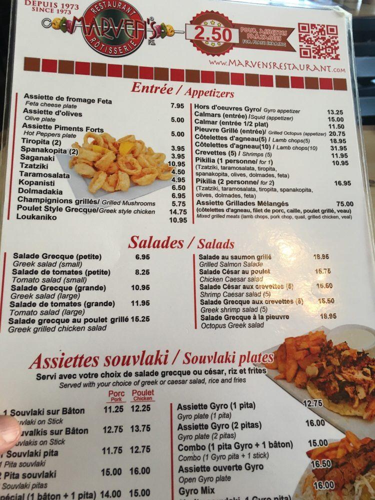 Menu at Marven's Restaurant, Montréal