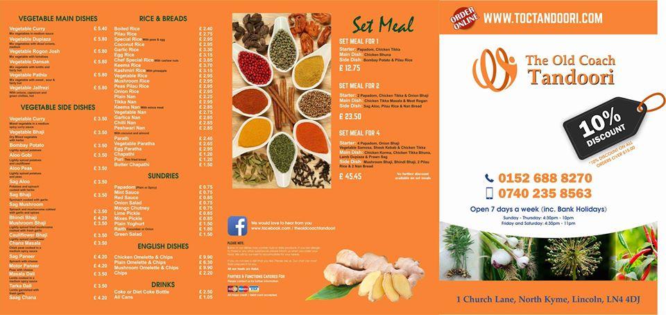 Menu at The Old Coach Tandoori restaurant, Billinghay