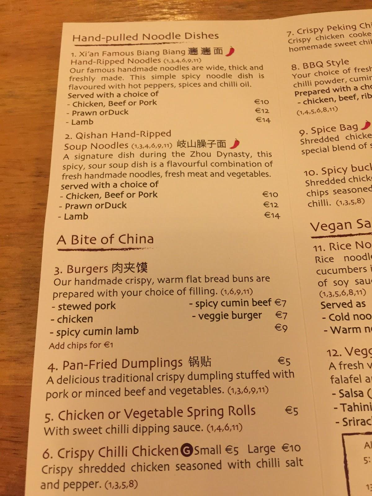 Menu at Xi'an Street Food fast food, Galway