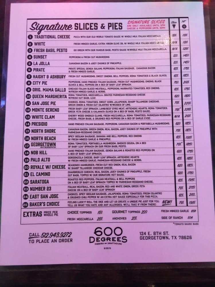 Menu at 600 Degrees Pizzeria, Georgetown