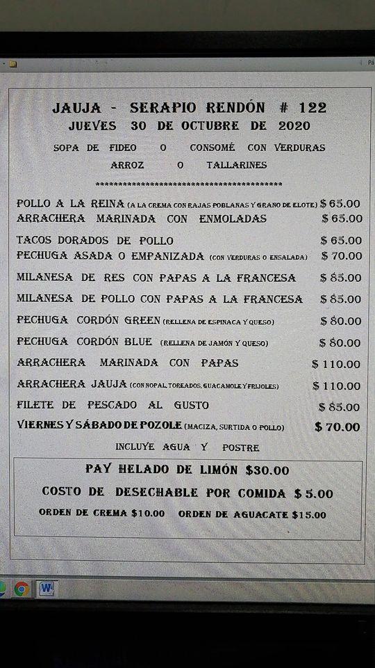 Menu at Bisquets Jauja - Serapio Rendon restaurant, Mexico City