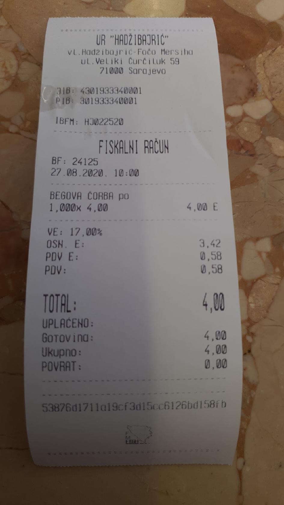 Menu at Bosnian Cuisine Hadzibajric restaurant, Sarajevo