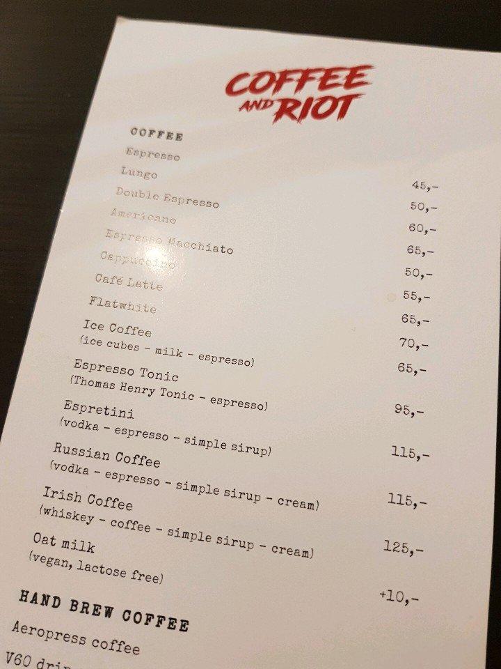 Menu at Coffee and Riot pub & bar, Prague