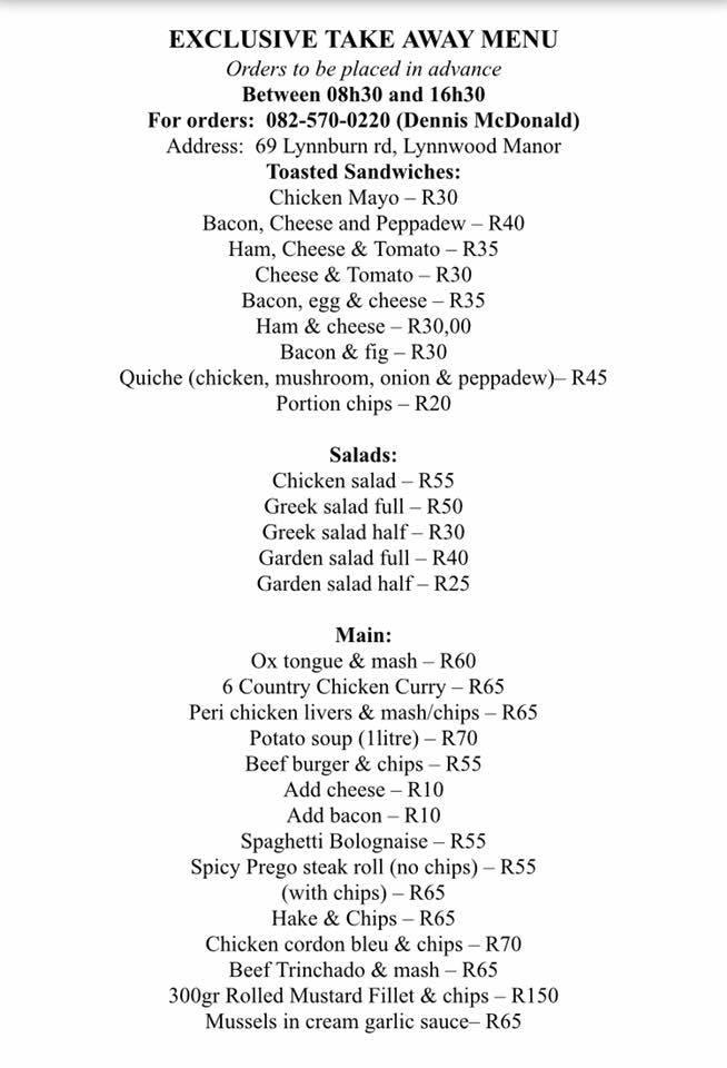 Menu at Full Circle Cafe, Pretoria