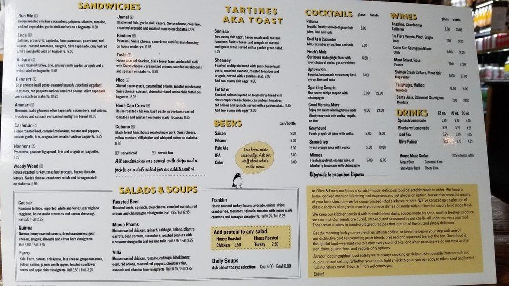 Menu at Olive & Finch cafe, Denver, E 17th Ave