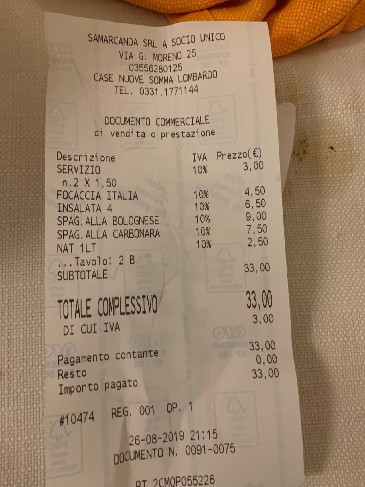 Menu at Samarcanda restaurant, Somma Lombardo
