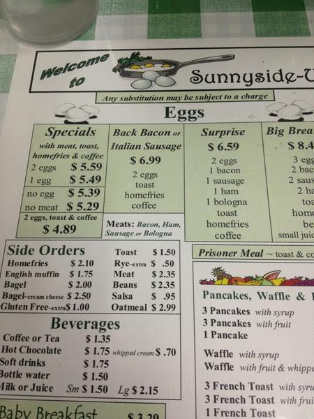 Menu at Sunnyside Up restaurant, Cornwall