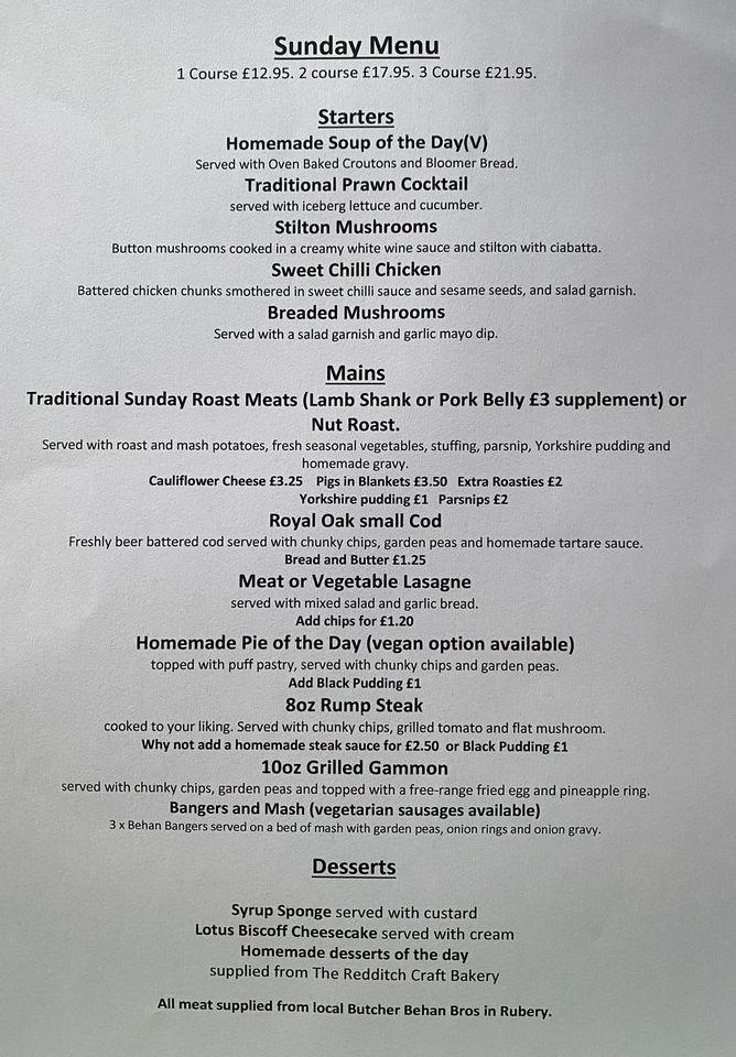 Menu at The Royal Oak pub & bar, Bromsgrove