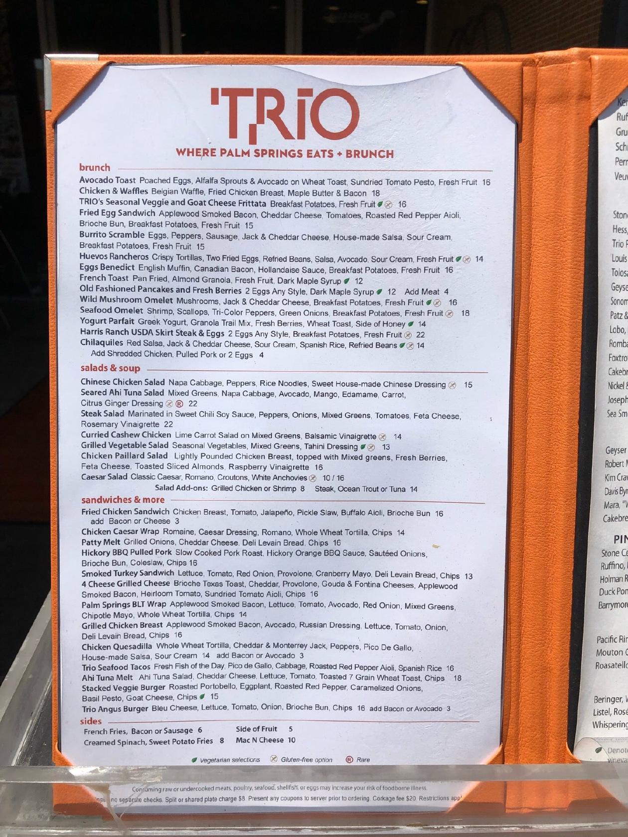 Menu at Trio Restaurant, Palm Springs, 707 N Palm Canyon Dr