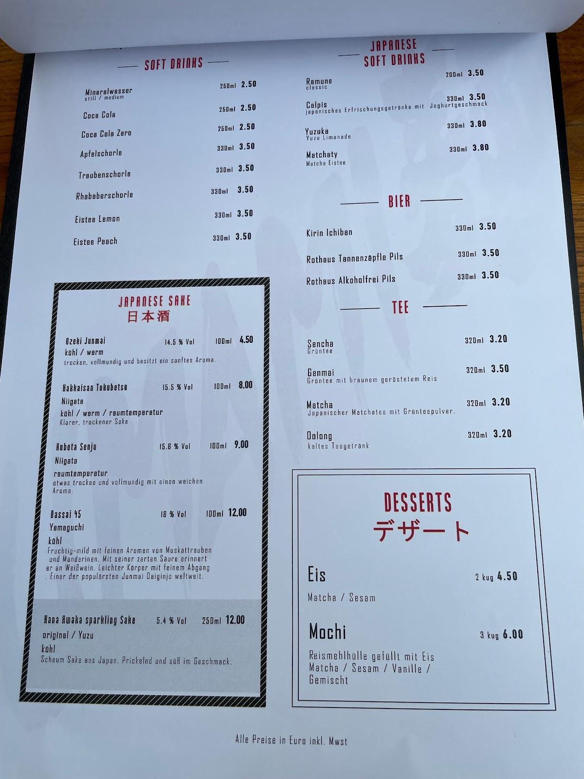 Menu at Umami Ramen Freiburg restaurant, Freiburg