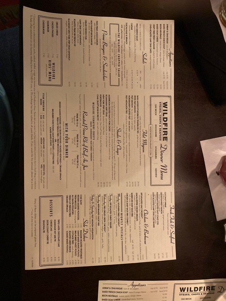 Menu at Wildfire steakhouse, Schaumburg, E Higgins Rd