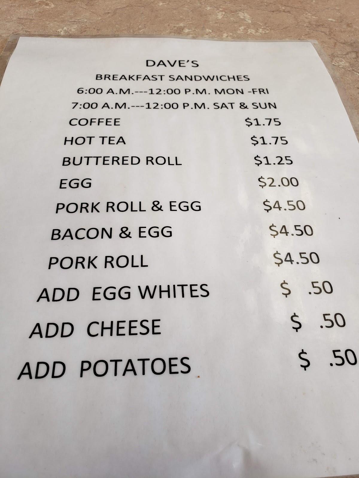 Menu at Dave's Hot Dogs restaurant, South Amboy, 323 S Pine Ave