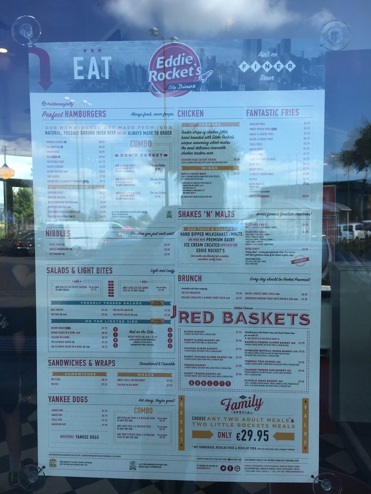 Menu at Eddie Rocket's fast food, Dublin, Unit 1