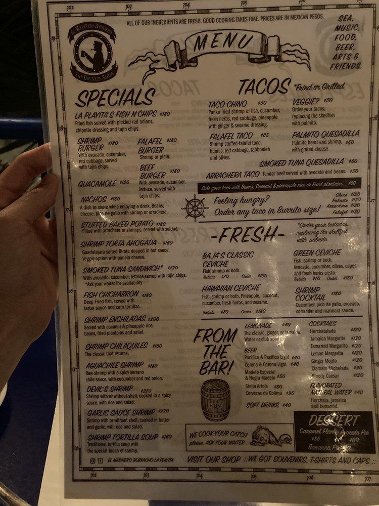 Menu at El Marinero Borracho restaurant, San José del Cabo, Boulevard ...