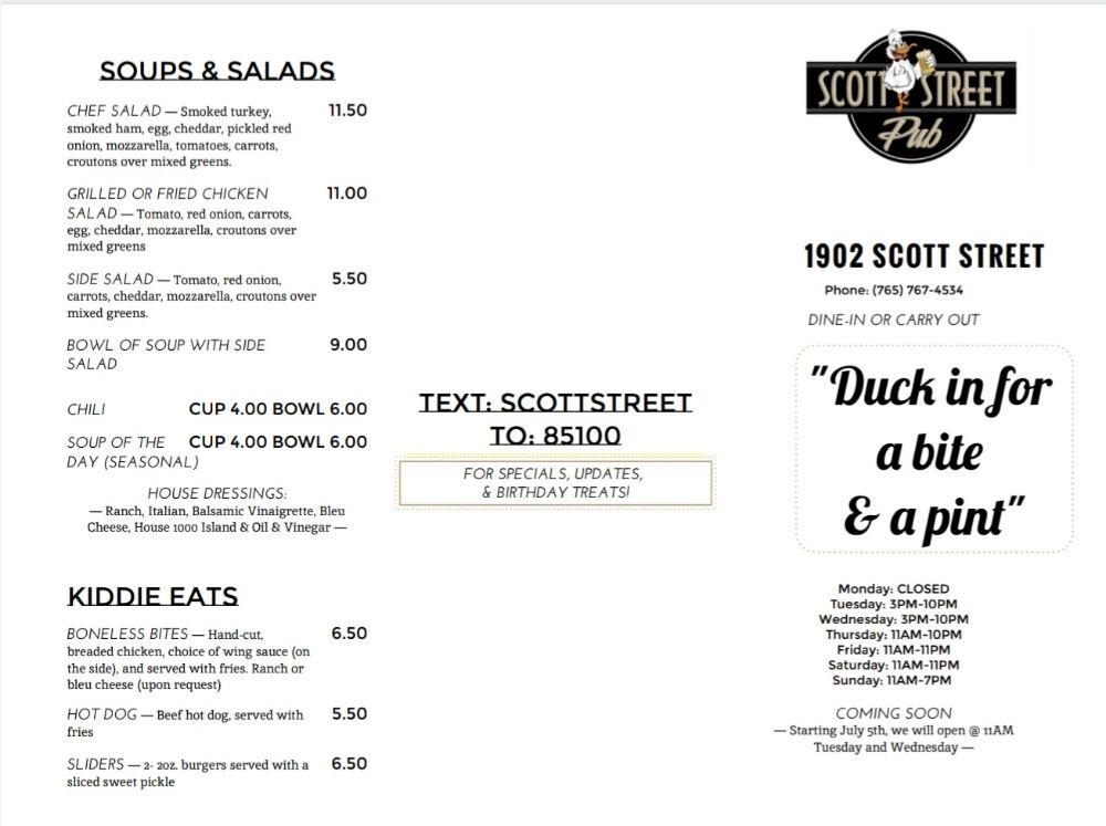 Menu at Scott Street Pub, Lafayette