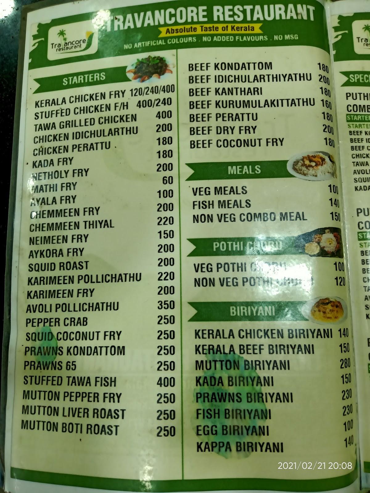 Menu at TRAVANCORE RESTAURANT, Kelambakkam