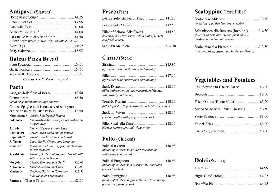 Menu at Bruno's Italian Restaurant, Dumfries