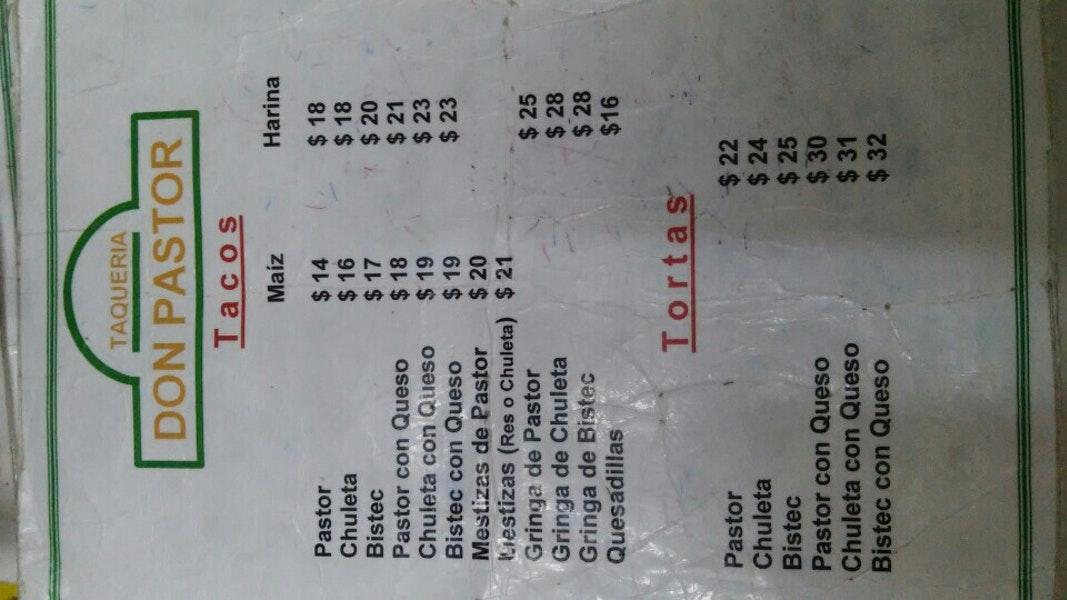 Menu at Taquería Don Pastor restaurant, Campeche