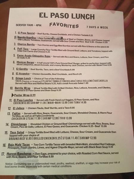 Menu at El Paso Mexican Grill restaurant, Lafayette, W Pinhook Rd