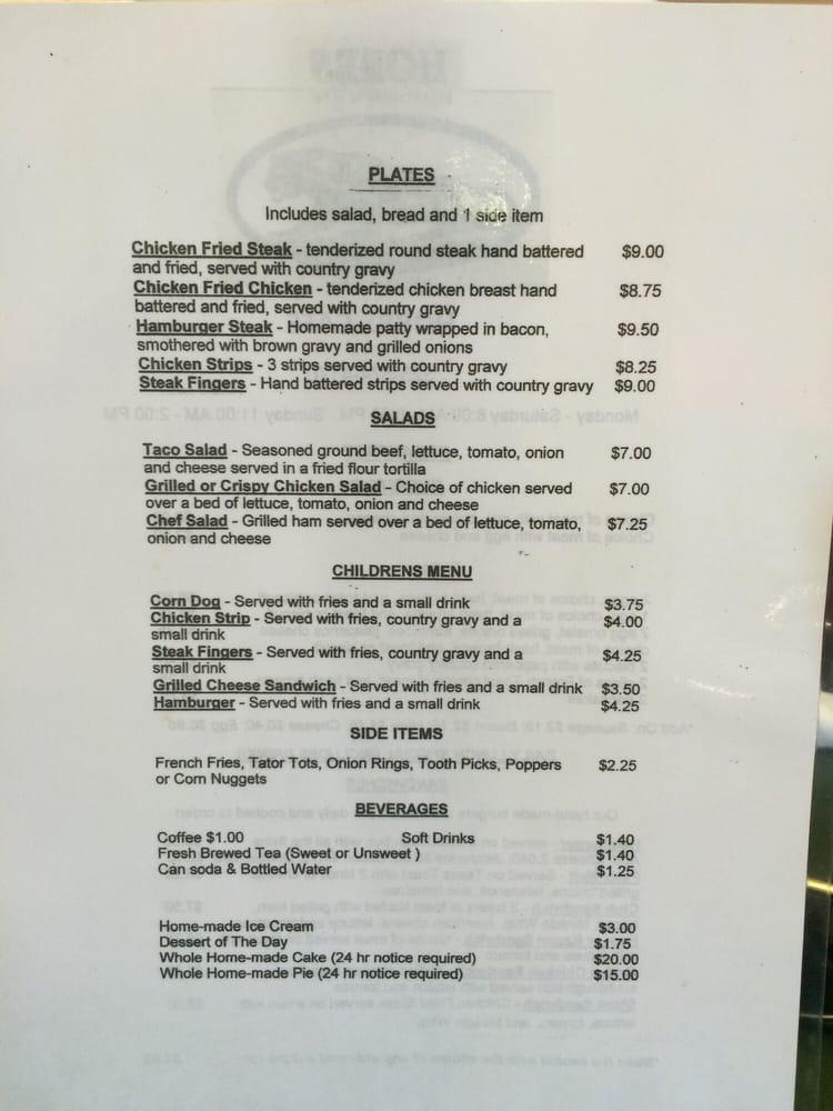 Menu at Hobbs cafe, Rotan