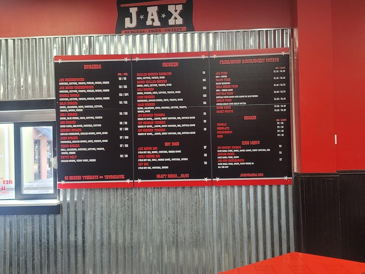 Menu at Jax Burgers Fries & Shakes restaurant, Pearland, Shadow Creek Pkwy