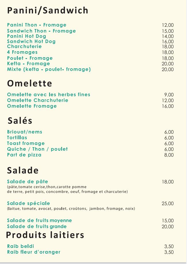 Menu at Laiterie fleur d'oranger restaurant, Tamaris