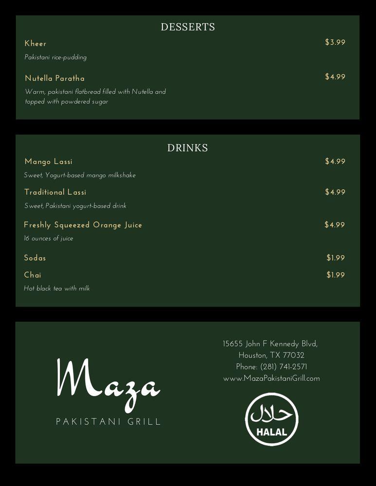 Menu at Maza restaurant, Houston