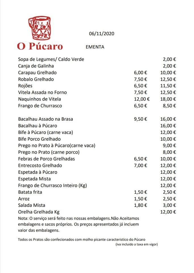 Menu em O Púcaro restaurante, Aveiro